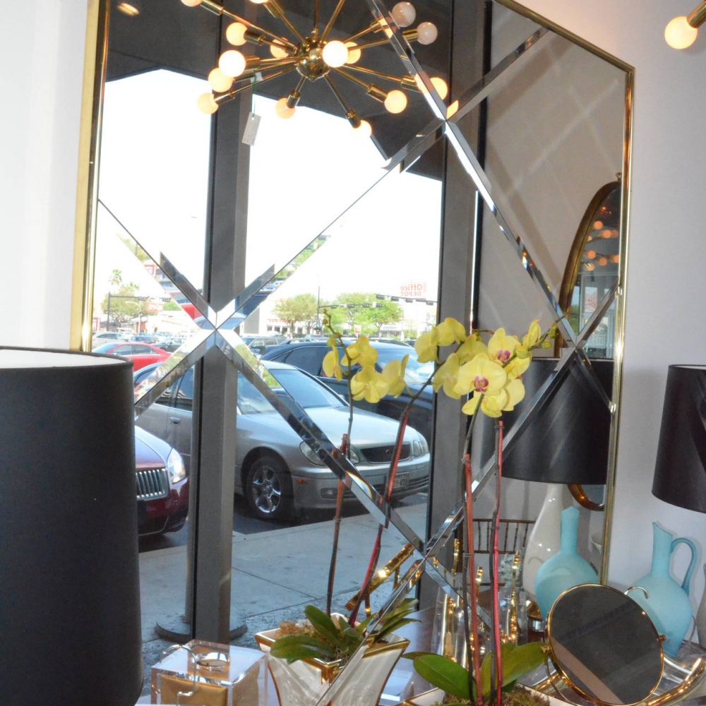 Mid Century Modern Brass Frame and Harlequin Pattern Beveled Glass Wall ...